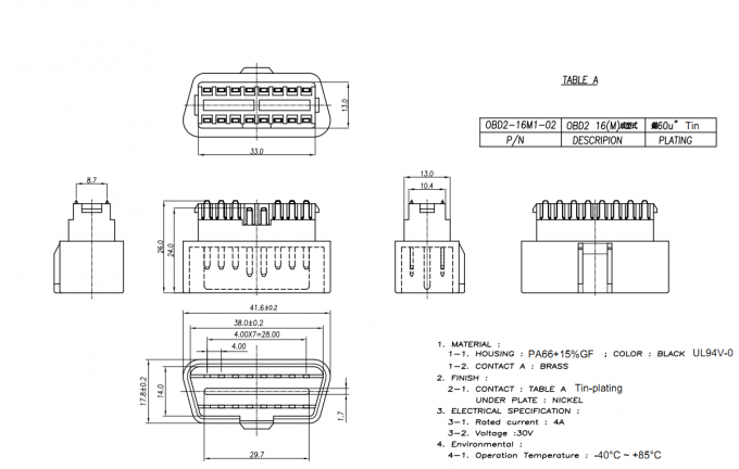 16 Pin Standard J1962 Obd Connector Pvc Material Injection Molded In Black